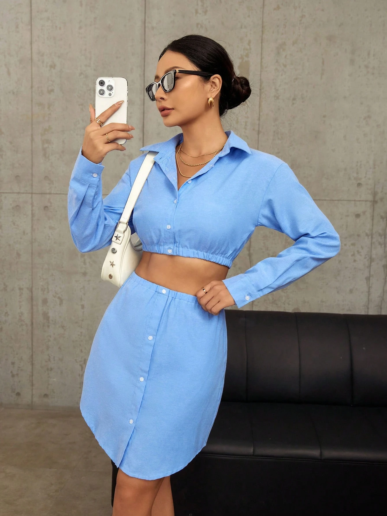 SHEIN Privé Ladies' Solid Colored Cropped Shirt And Short Skirt 2-Piece ...