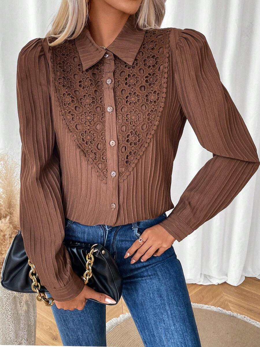 SHEIN LUNE Ladies' Patchwork Lace Puff Sleeve Shirt | SHEIN USA