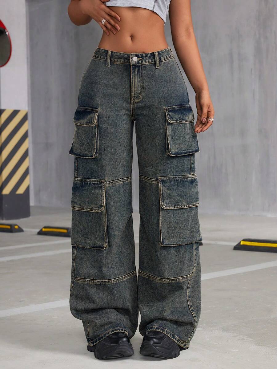 SHEIN ICON Women's Cargo Denim Wide Leg Pants | SHEIN USA