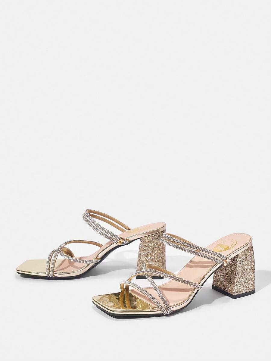 SHEIN SXY Women's Fashion High Heel Sandals With Gold Rhinestone Strap And Glitter Gold Upper ...