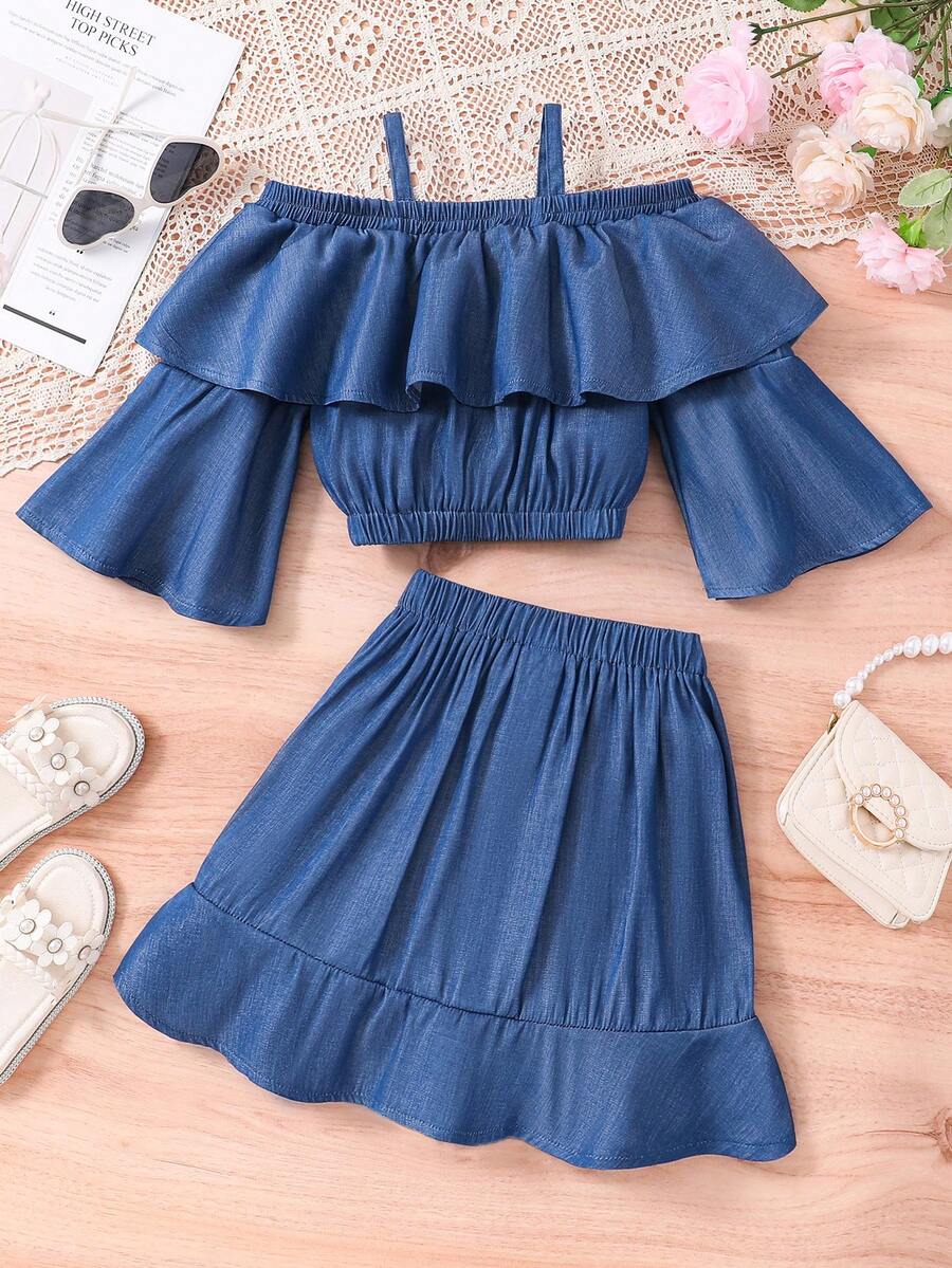 SHEIN Tween Girl Ruffle Trimmed Cold Shoulder Top And Skirt Set | SHEIN USA