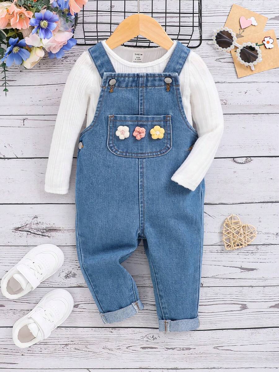 SHEIN Baby Girl's Blue Loose Fit Comfortable Denim Jumpsuit, With ...