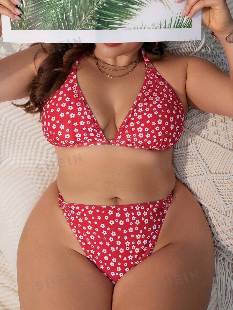 Shein Swim Curve Summer Beach Plus Size Womens Floral Printed Halter