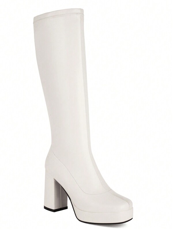 Plain White High Heel Knee High Boots For Women To Match With Any ...