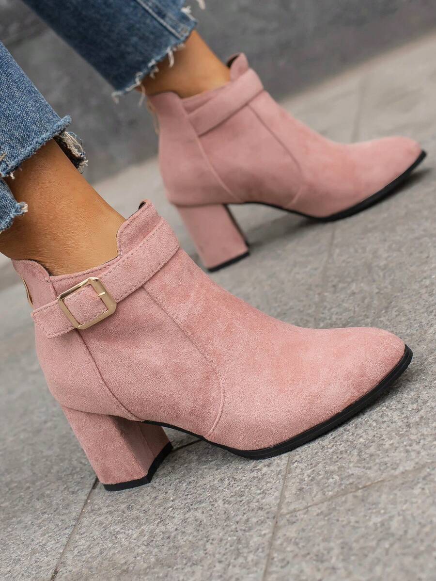 Pink Belt Buckle Suede High Heel Short Boots With Back Zipper For Women ...