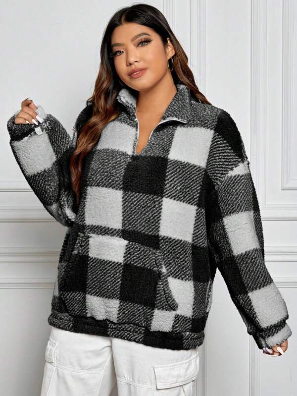 SHEIN EZwear Women'S Plus Size Plaid Half Zip Teddy Fleece Pullover ...