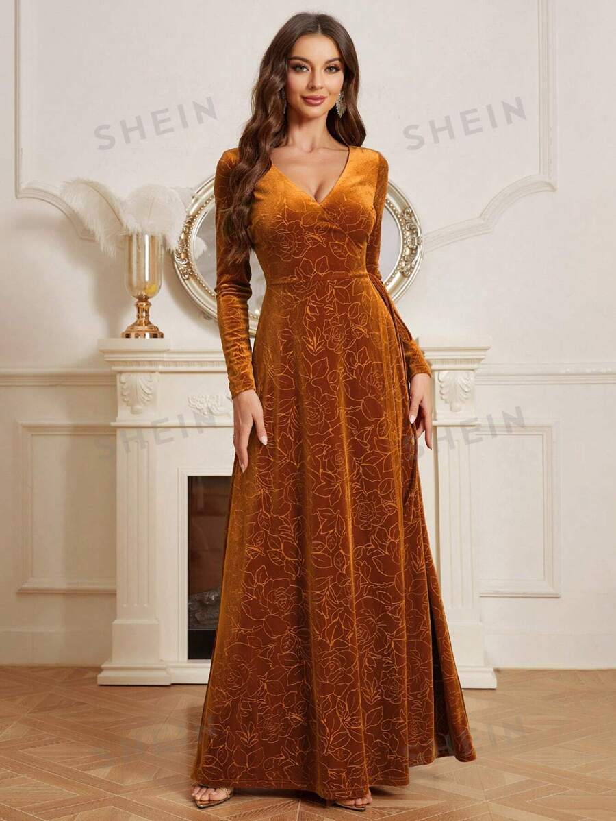 SHEIN Belle Velvet Jacquard Long Sleeve Dress With Open Back And Tie ...