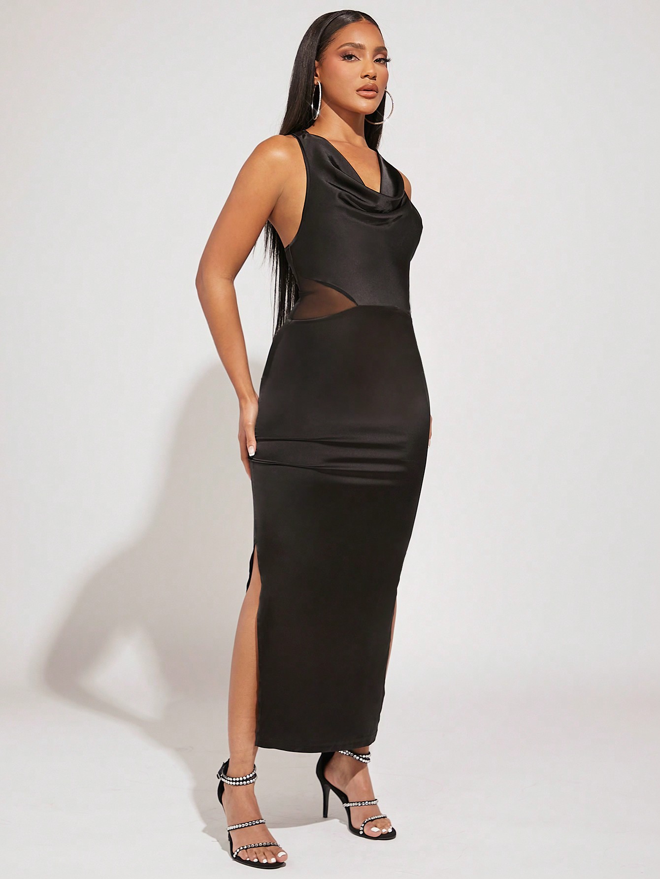 Sarah LA SHEIN BAE Draped Neck Mesh Waist Side Slit Dress | SHEIN USA