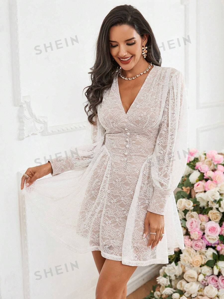 SHEIN Privé Vestido Mini A-línea Romántico De Encaje Con Patrón Para El Día De San Valentín De ...