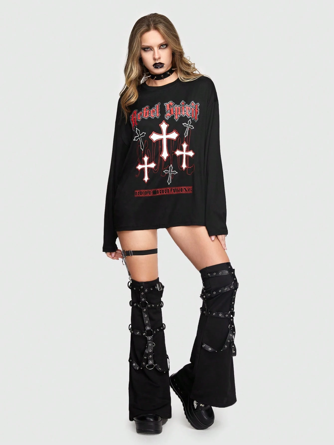 ROMWE Goth Camiseta Solta De Manga Comprida Com Estampa Cruzada De ...