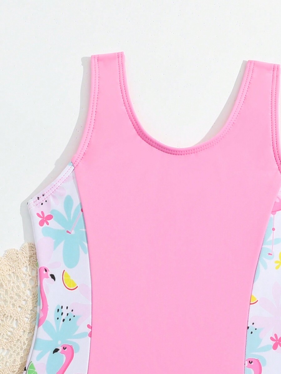 Girls Cartoon Flamingo Printed One Piece Swimsuit With Swimsuit Shorts