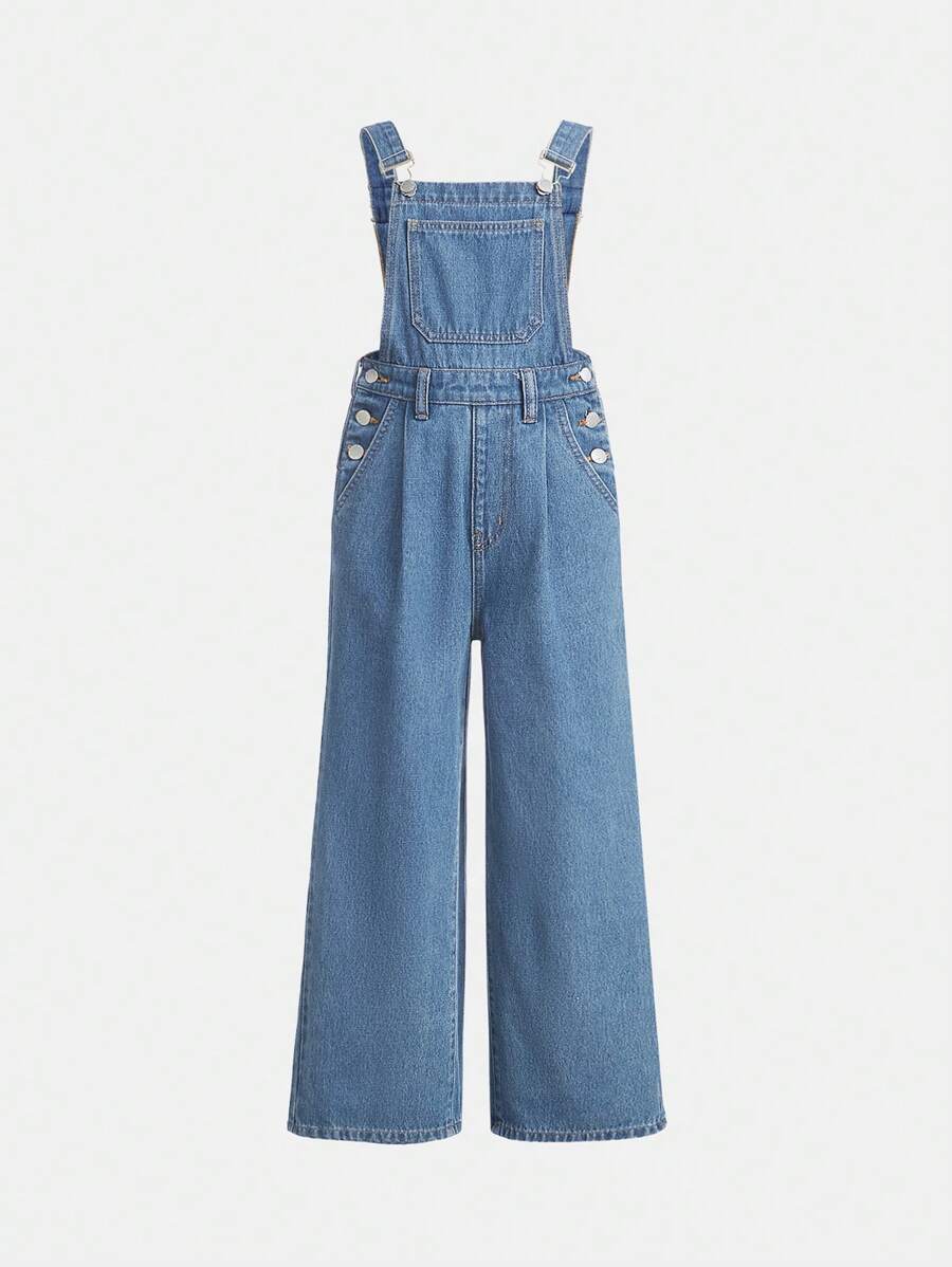 SHEIN Tween Girl Casual Denim Overalls With Diagonal Pockets And No ...