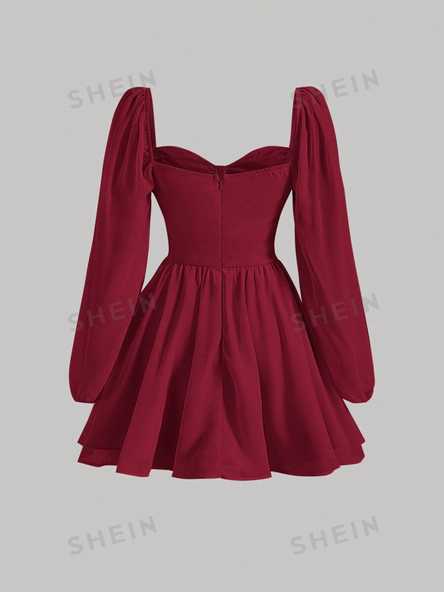 SHEIN MOD Pleated Bust Lantern Sleeve Red Date Night Dress | SHEIN UK
