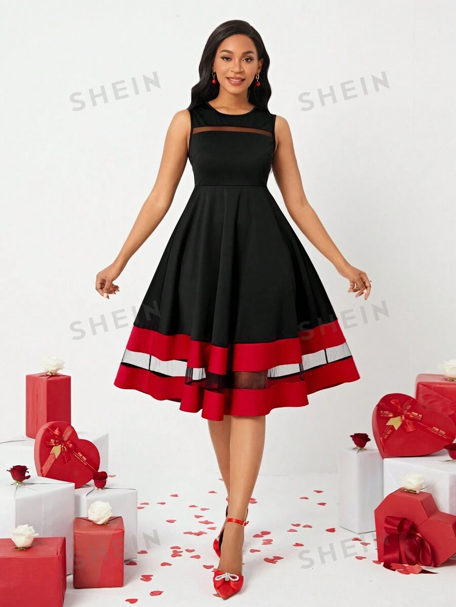 SHEIN Lady Vestido De Empalme De Malla De Color De Contraste Del Día De ...