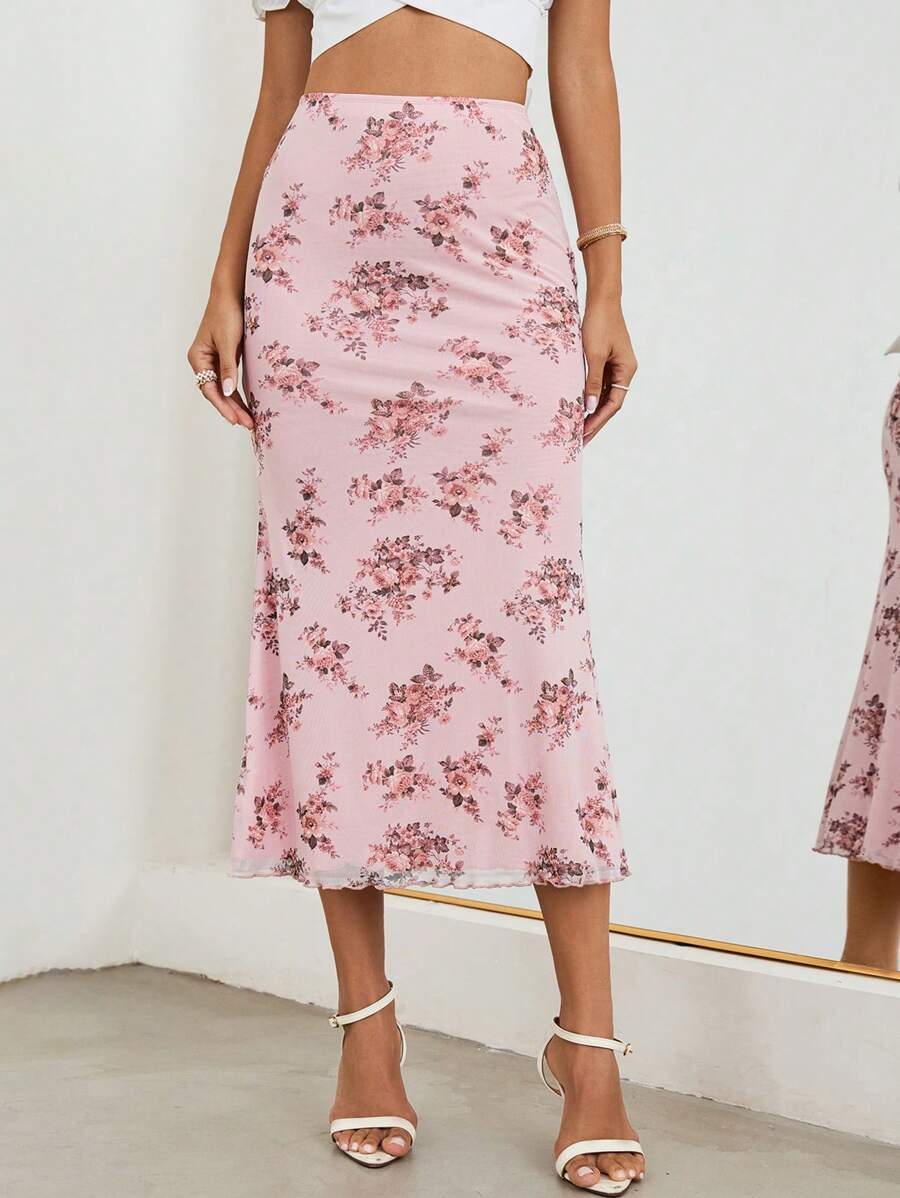 Firerie Women's Romantic Print Fish Tail Ruffle Elastic Net Yarn Skirt ...