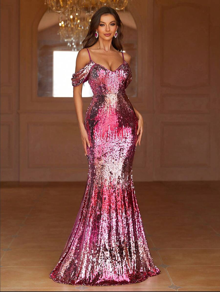 SHEIN Belle Women's Off-Shoulder Mermaid Evening Dress With Gradient Sequined Fabric () Evening ...