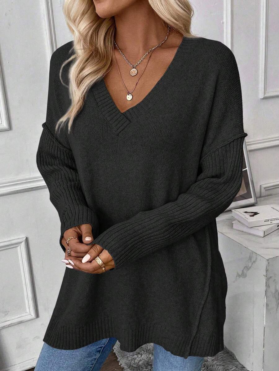 EMERY ROSE Women's Solid Color Drop Shoulder V-Neck Sweater | SHEIN UK