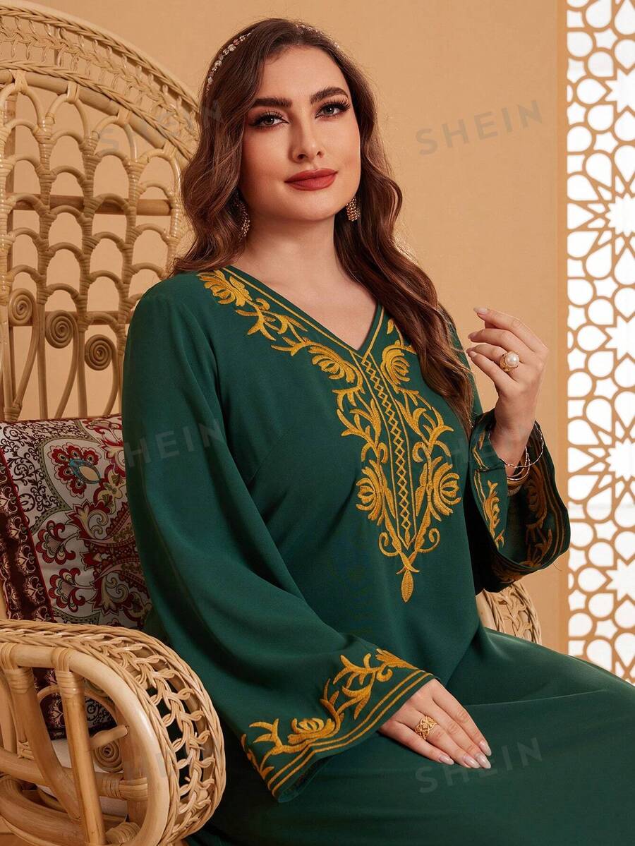 SHEIN Najma Vestido árabe bordado de talla grande para mujer | Moda de ...