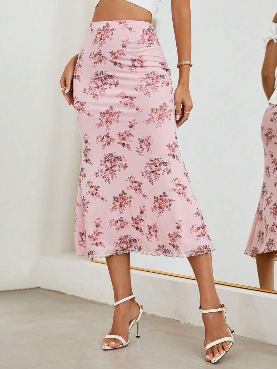 Firerie Women's Romantic Print Fish Tail Ruffle Elastic Net Yarn Skirt ...