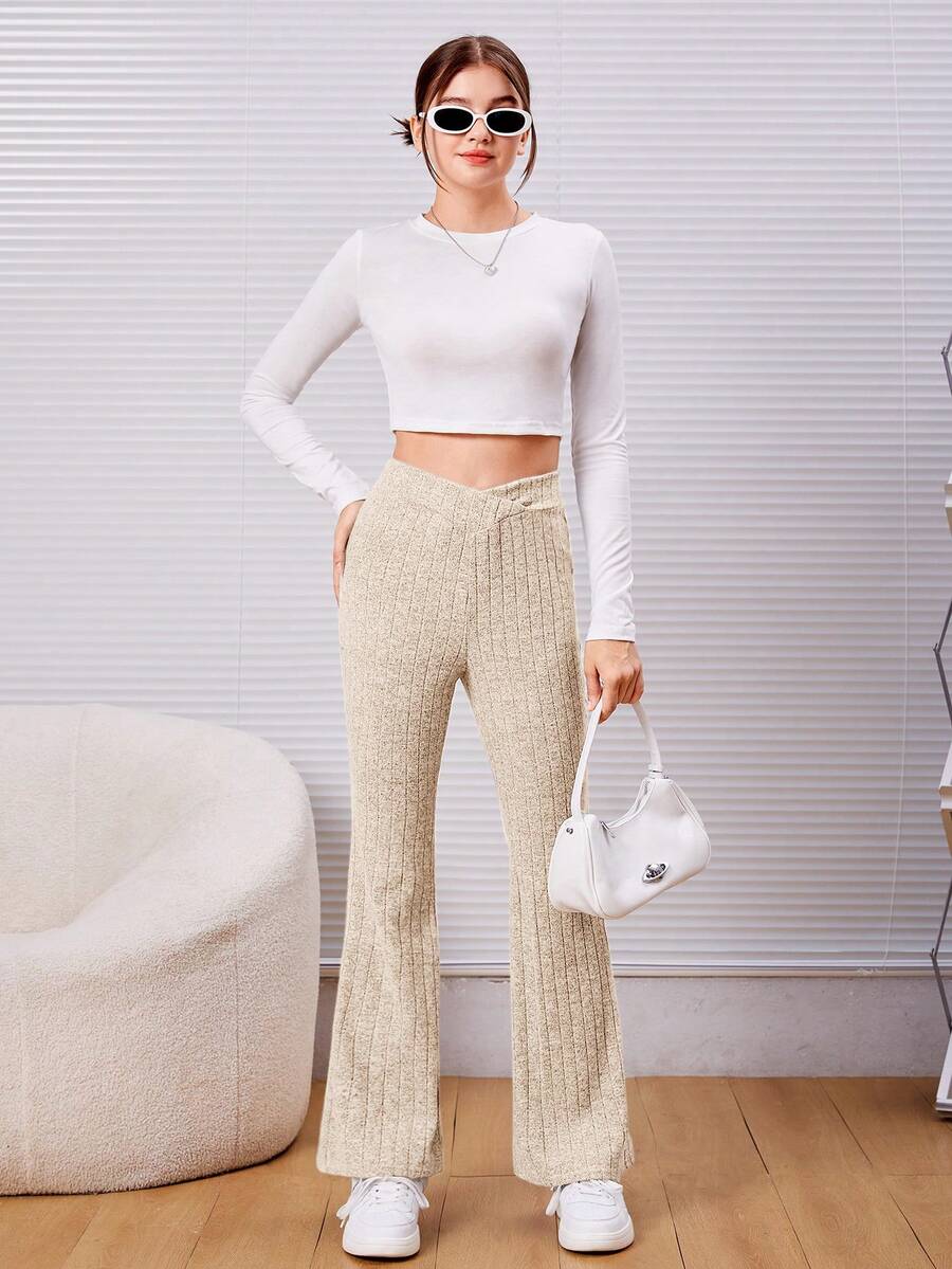 Teen Girls' Knit Fleece Bell Bottoms With Ribbed Texture And V-Shaped ...