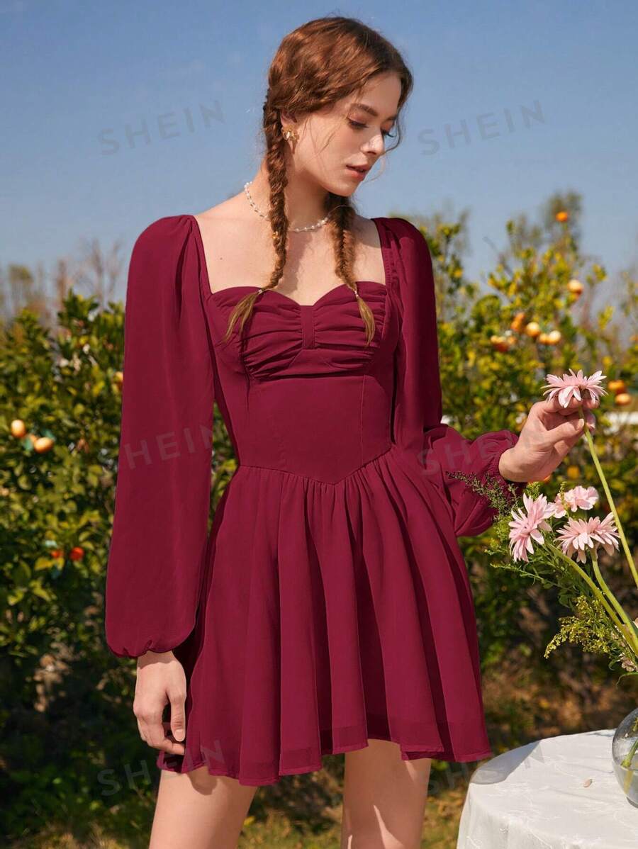 SHEIN MOD Pleated Bust Lantern Sleeve Red Date Night Dress | SHEIN UK