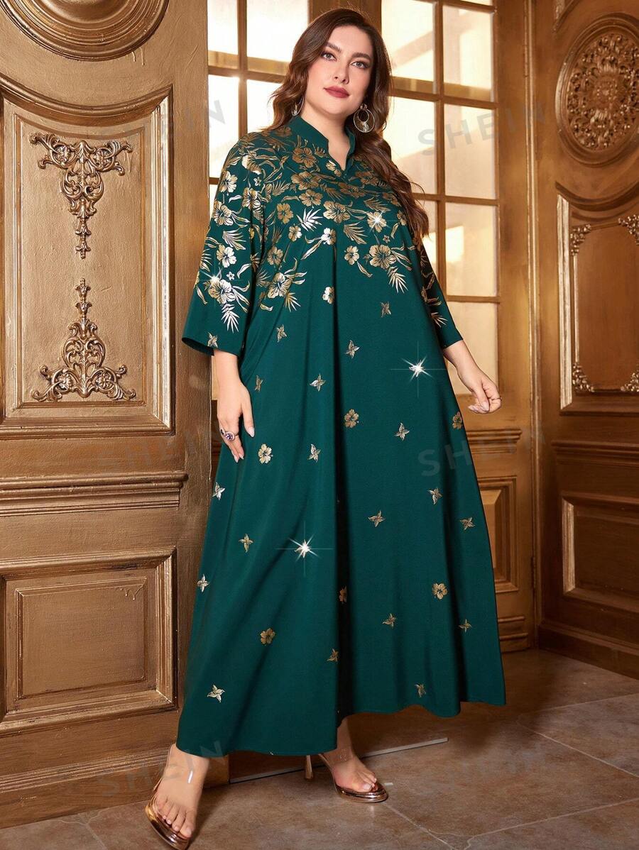 SHEIN Najma Plus Size Women'S Arabic Style Dress With Gold Foil ...
