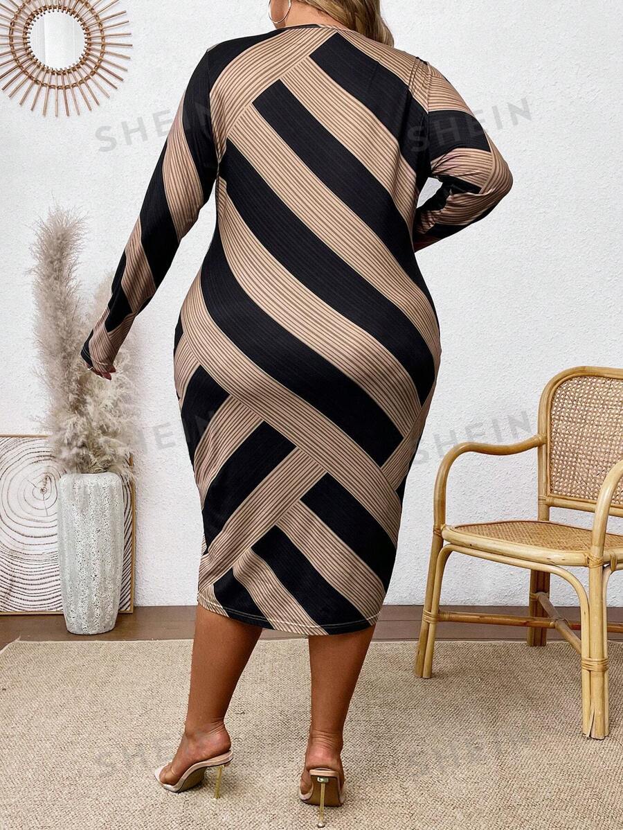 SHEIN CURVE+ Plus Size Women's Round Neck Striped Dress | SHEIN USA