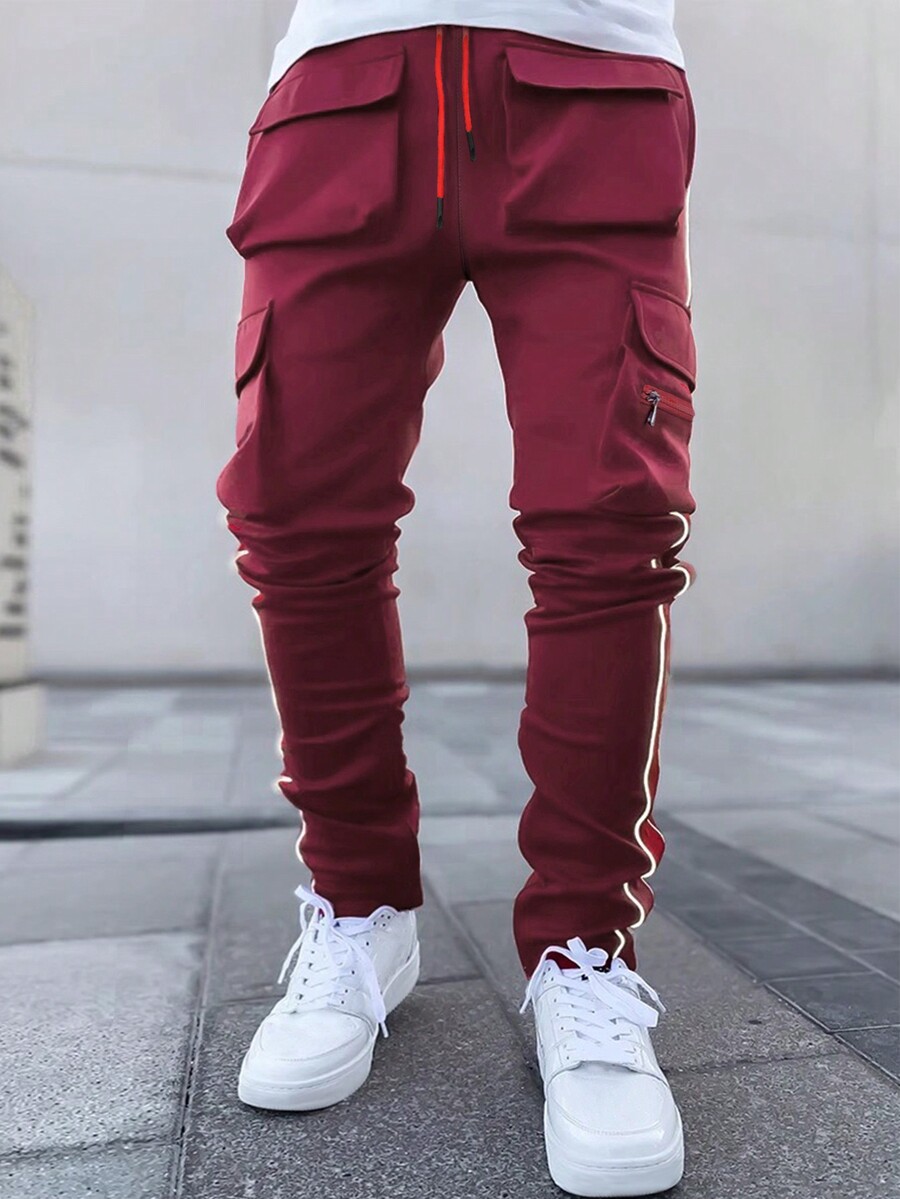 Manfinity EMRG Men's Loose Fit Cargo Pants With Contrast Piping, Flap Pockets, Side Drawstring ...