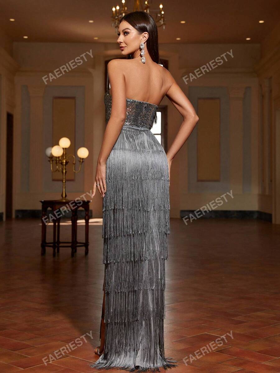 Faeriesty Elegant Solid Sequin Strapless Gown With Multi-Layer Fringed ...