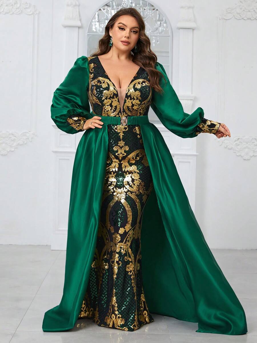 Giffniseti Plus Size Women's Sequin Patchwork Lantern Sleeve Waist Cape ...