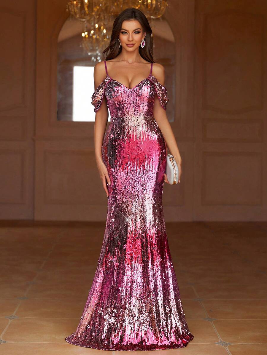 SHEIN Belle Women's Off-Shoulder Mermaid Evening Dress With Gradient Sequined Fabric () Evening ...