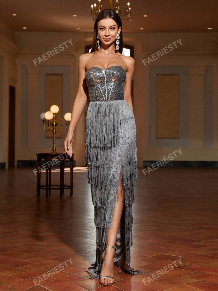 Faeriesty Elegant Solid Sequin Strapless Gown With Multi-Layer Fringed ...