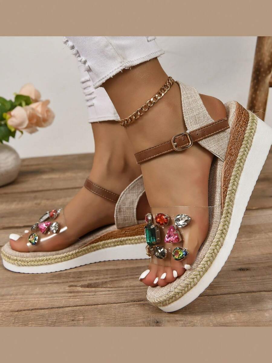 Colorful Rhinestone Embellished Wedge Heel Sandals With Rope Detail ...