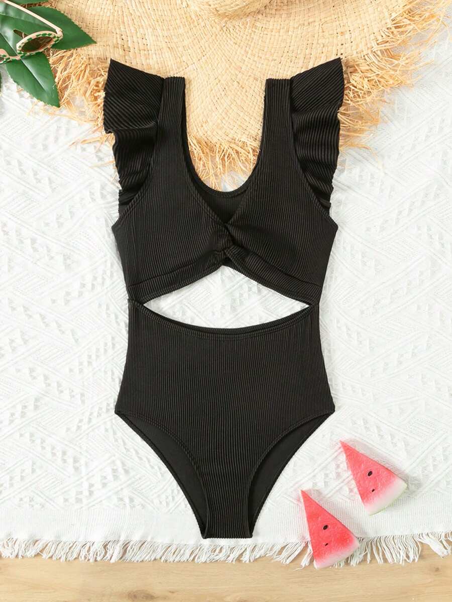 Tween Girl Ruffle Trim Twist Cutout One-Piece Swimsuit | SHEIN USA