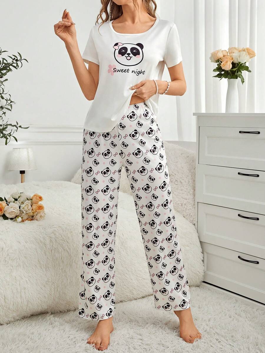 Conjunto de pijama feminino com estampa de panda e letras de manga ...
