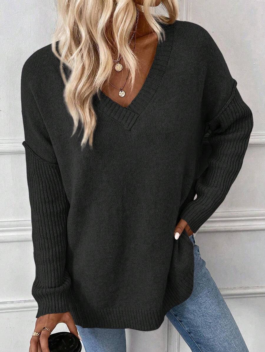 EMERY ROSE נשים צבע אחיד כתף חשופה צאוורון וי סוודרים | SHEIN IL