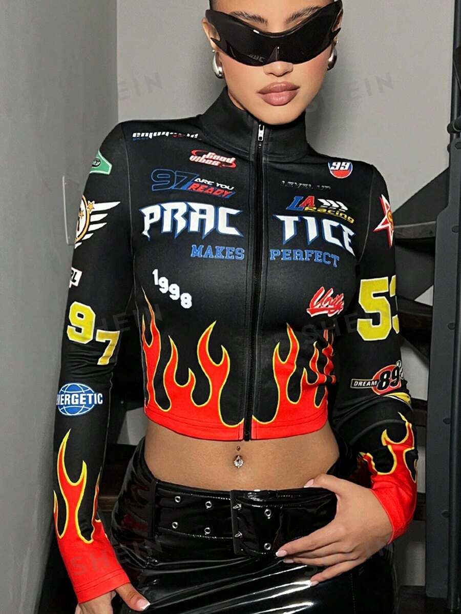 SHEIN ICON Letter Print Zipper Front Cropped T-shirt | SHEIN USA