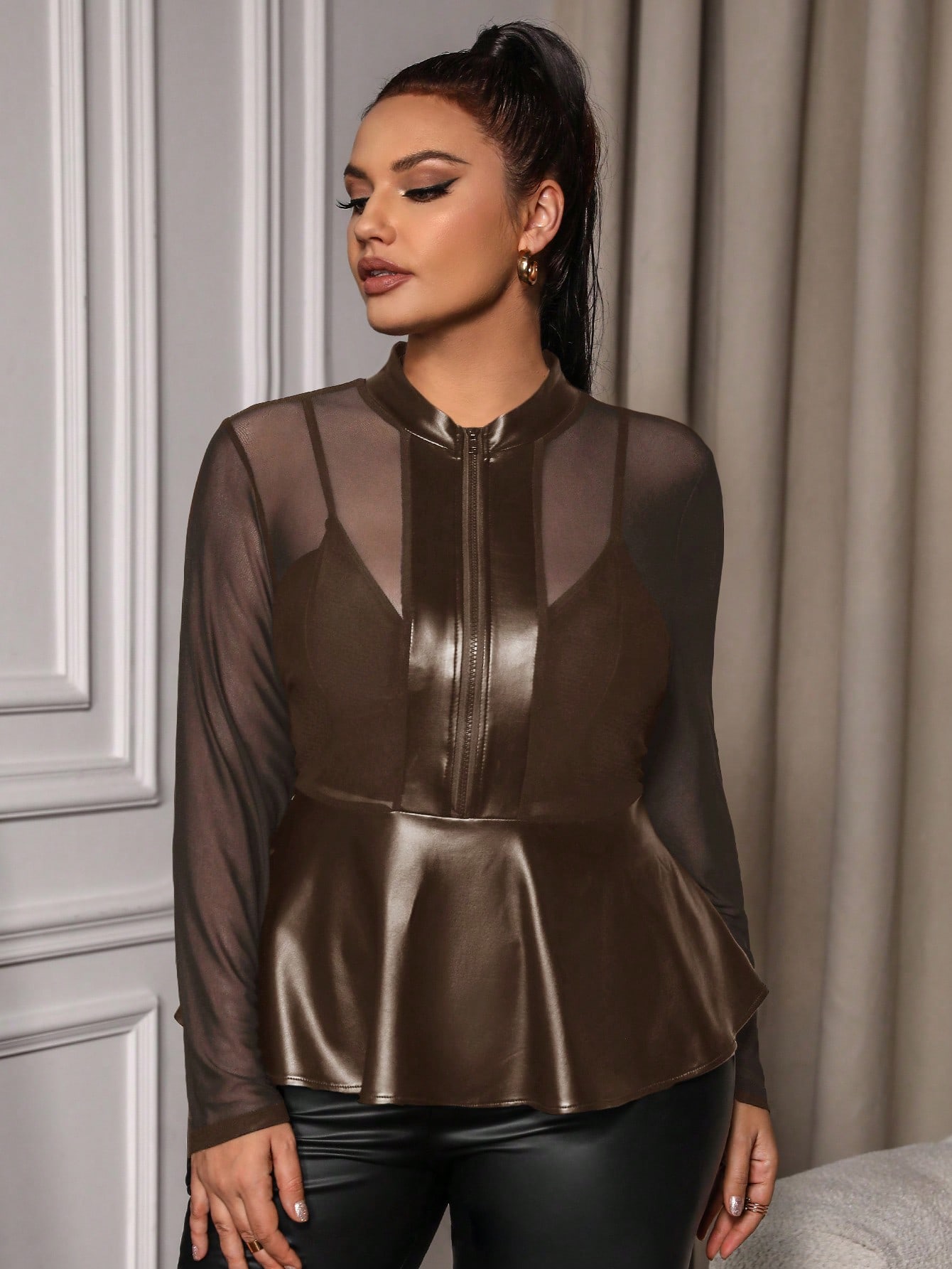 Shein Sxy Plus Size Zipper Half Placket Stand Collar Faux Leather Mesh