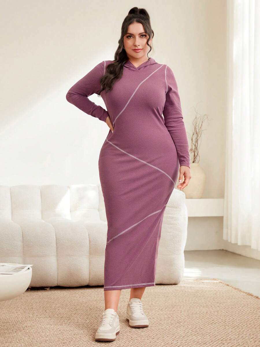 Mulvari Plus Size Color-Blocked Long Sleeve Hooded Dress With Stitching ...