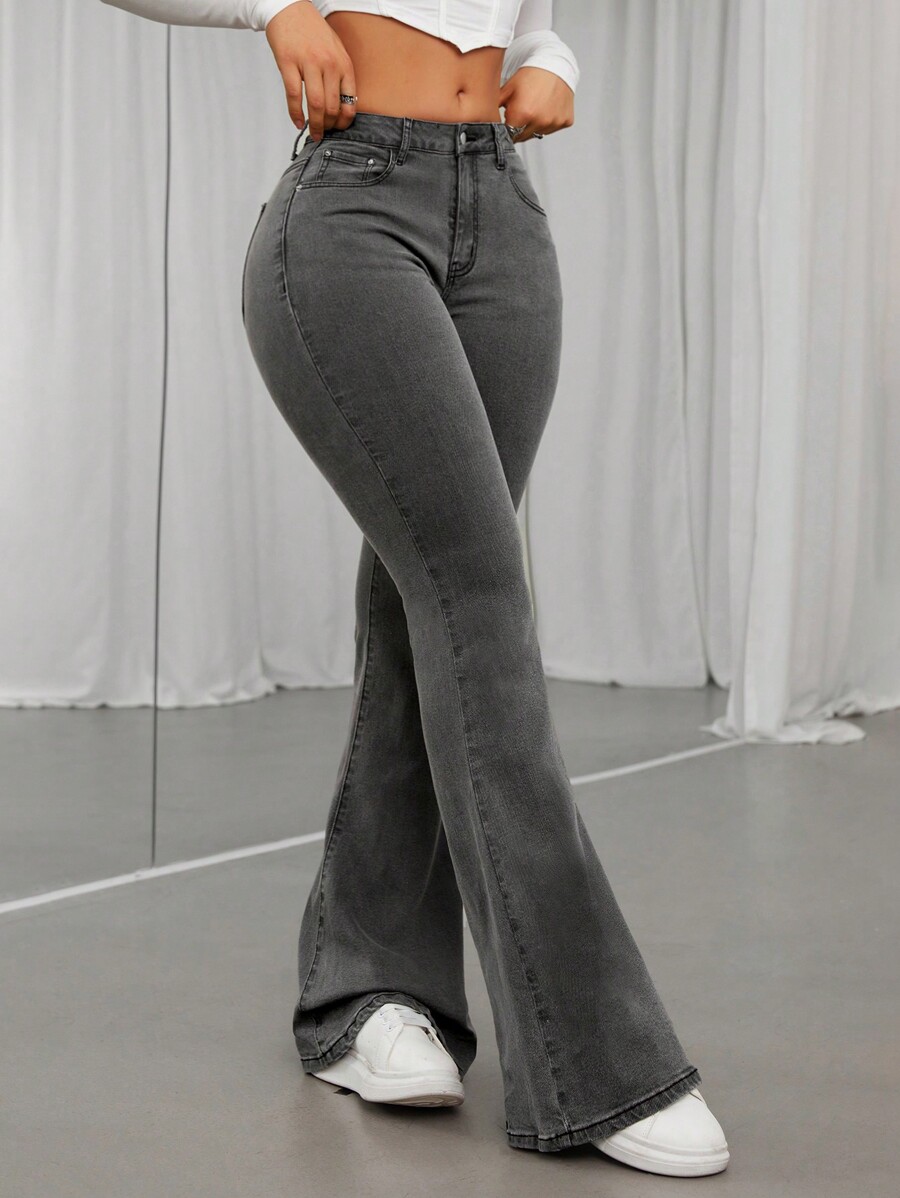 SHEIN ICON Women's Grey Flare Jeans | SHEIN USA