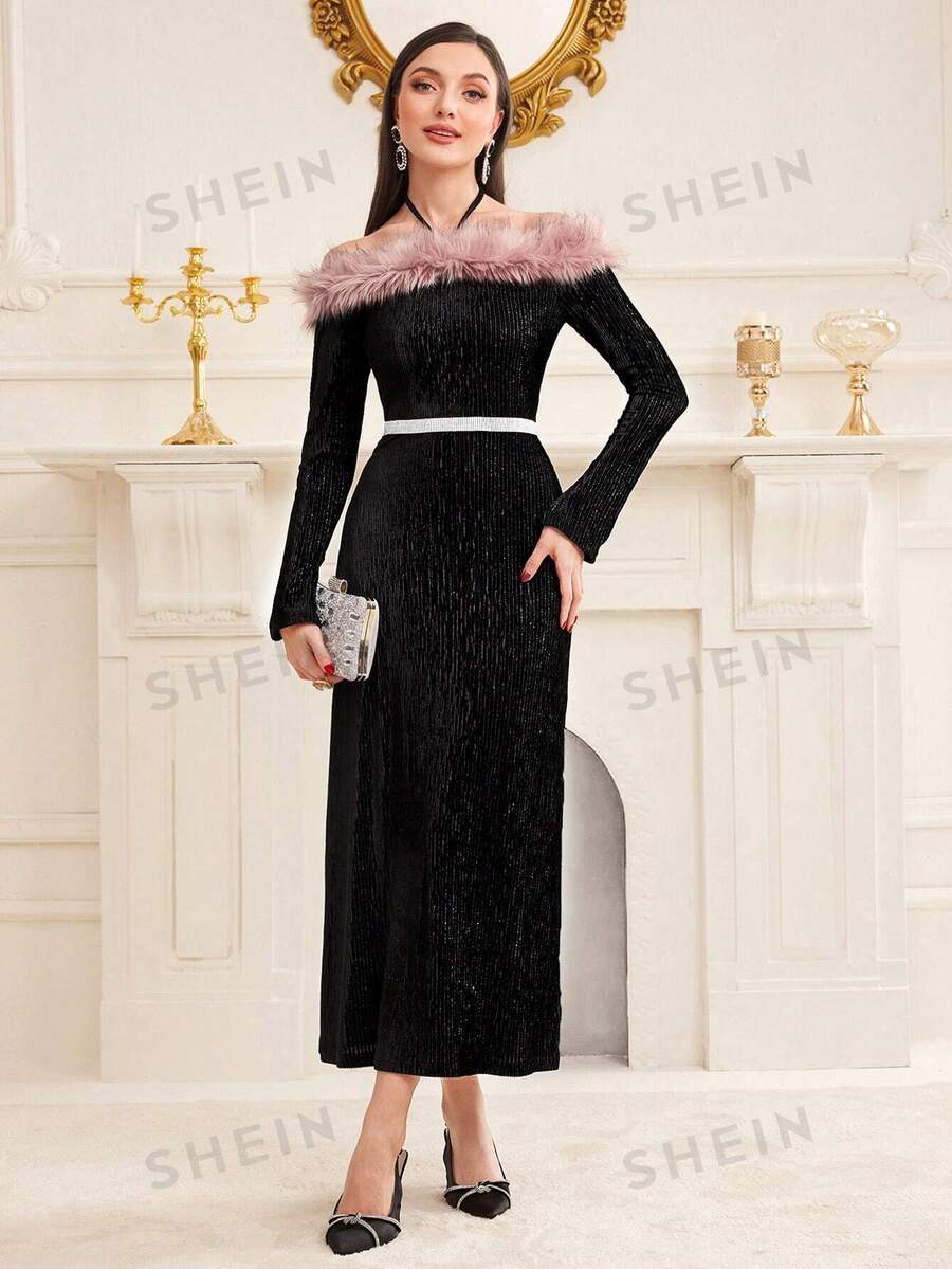 SHEIN Modely Women's Open Shoulder Dress With Faux Fur Collar | SHEIN UK