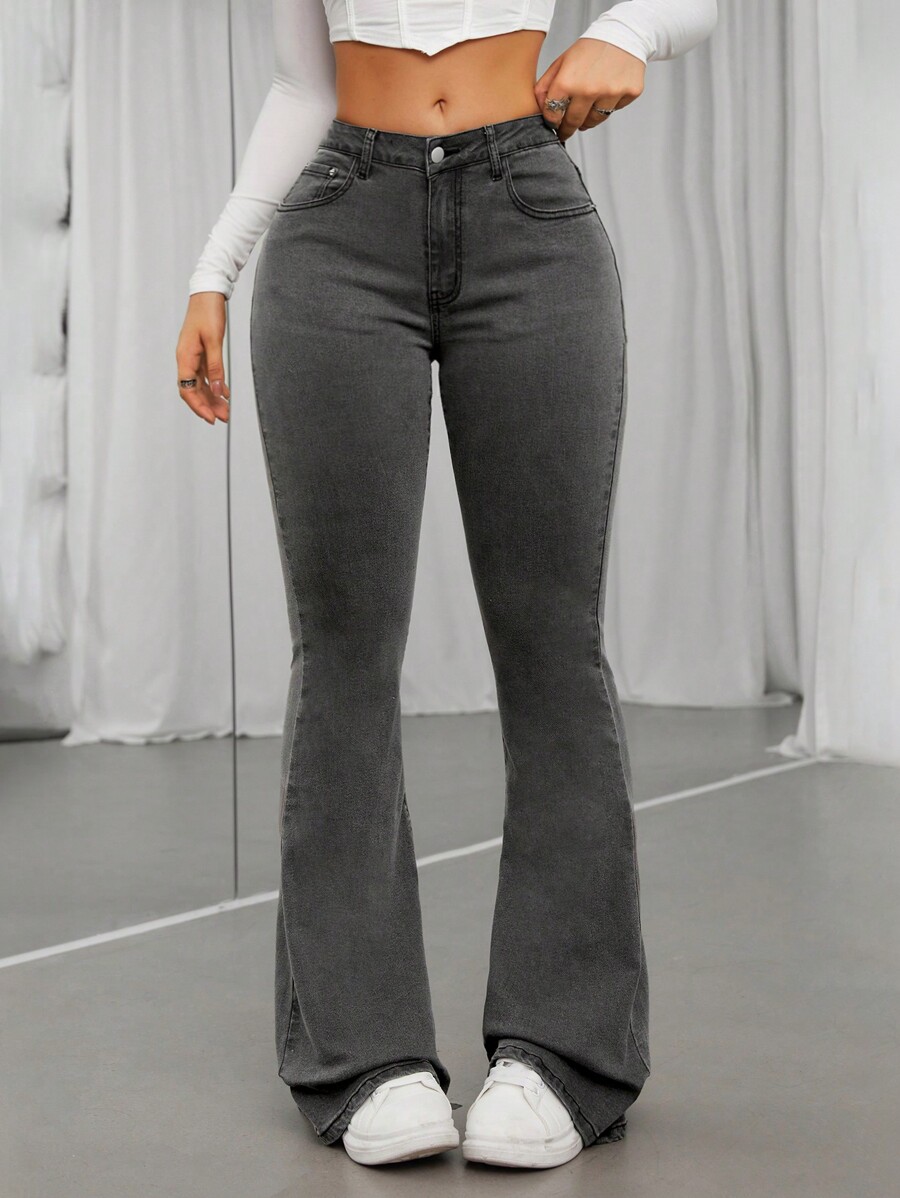 SHEIN ICON Women's Grey Flare Jeans | SHEIN USA