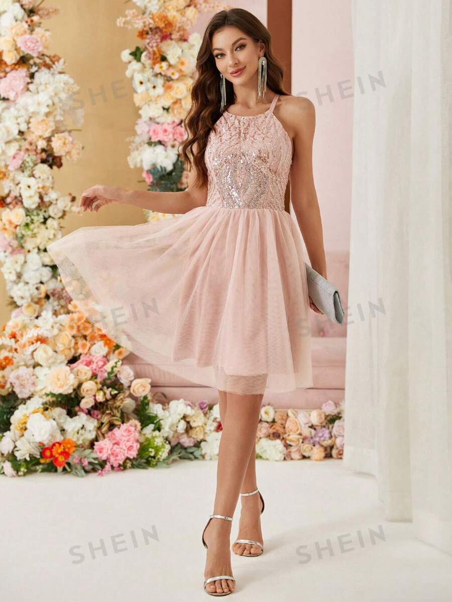 SHEIN Belle Sequin Patchwork Mesh Mini Dress, Women's Cocktail Party ...