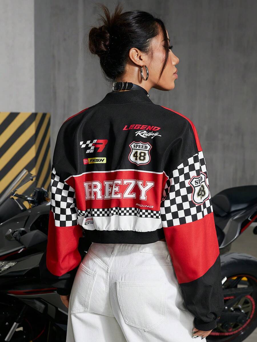 ROMWE PUNK Letter And Plaid Pattern Cropped Jacket, School | SHEIN UK