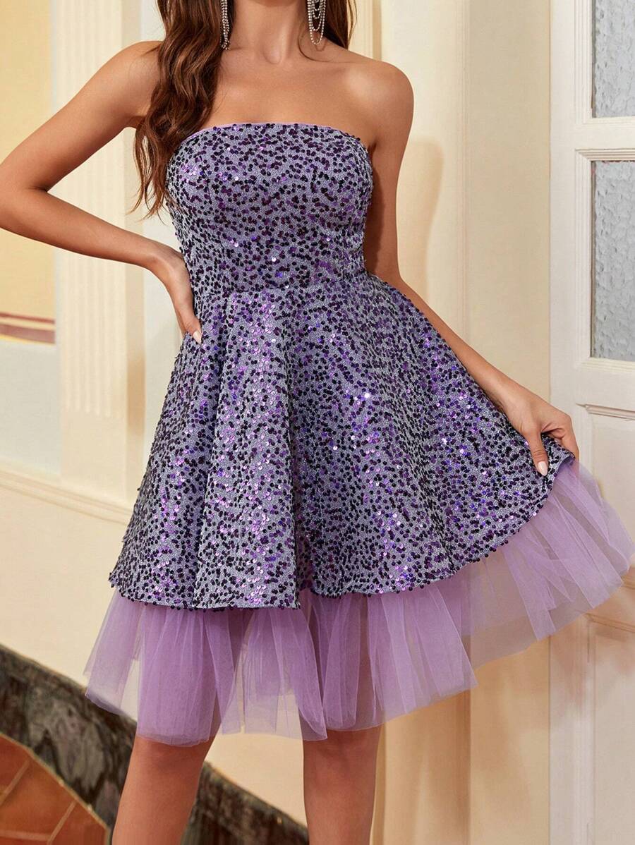 SHEIN Belle Mesh Spliced Beaded Tube Top Cocktail Dress Graduation ...