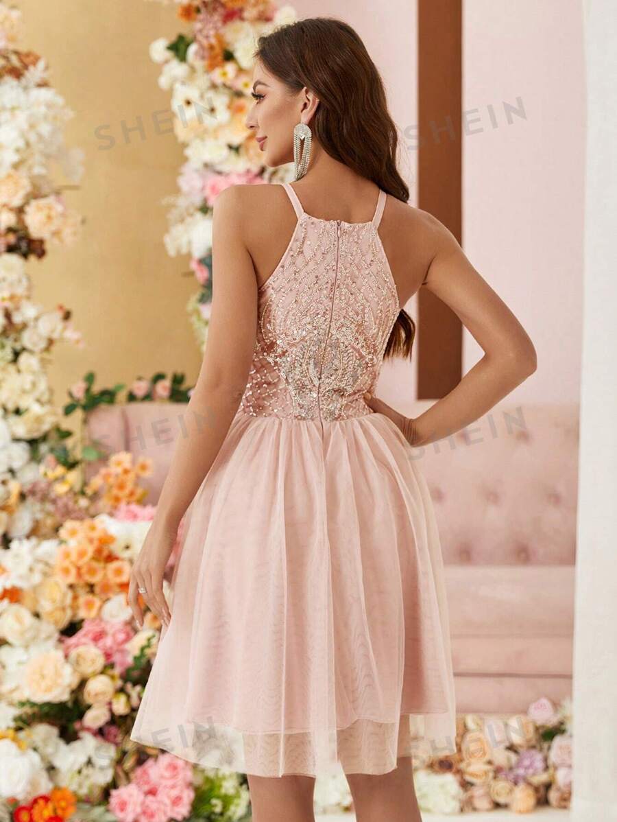 SHEIN Belle Sequin Patchwork Mesh Mini Dress, Women's Cocktail Party ...