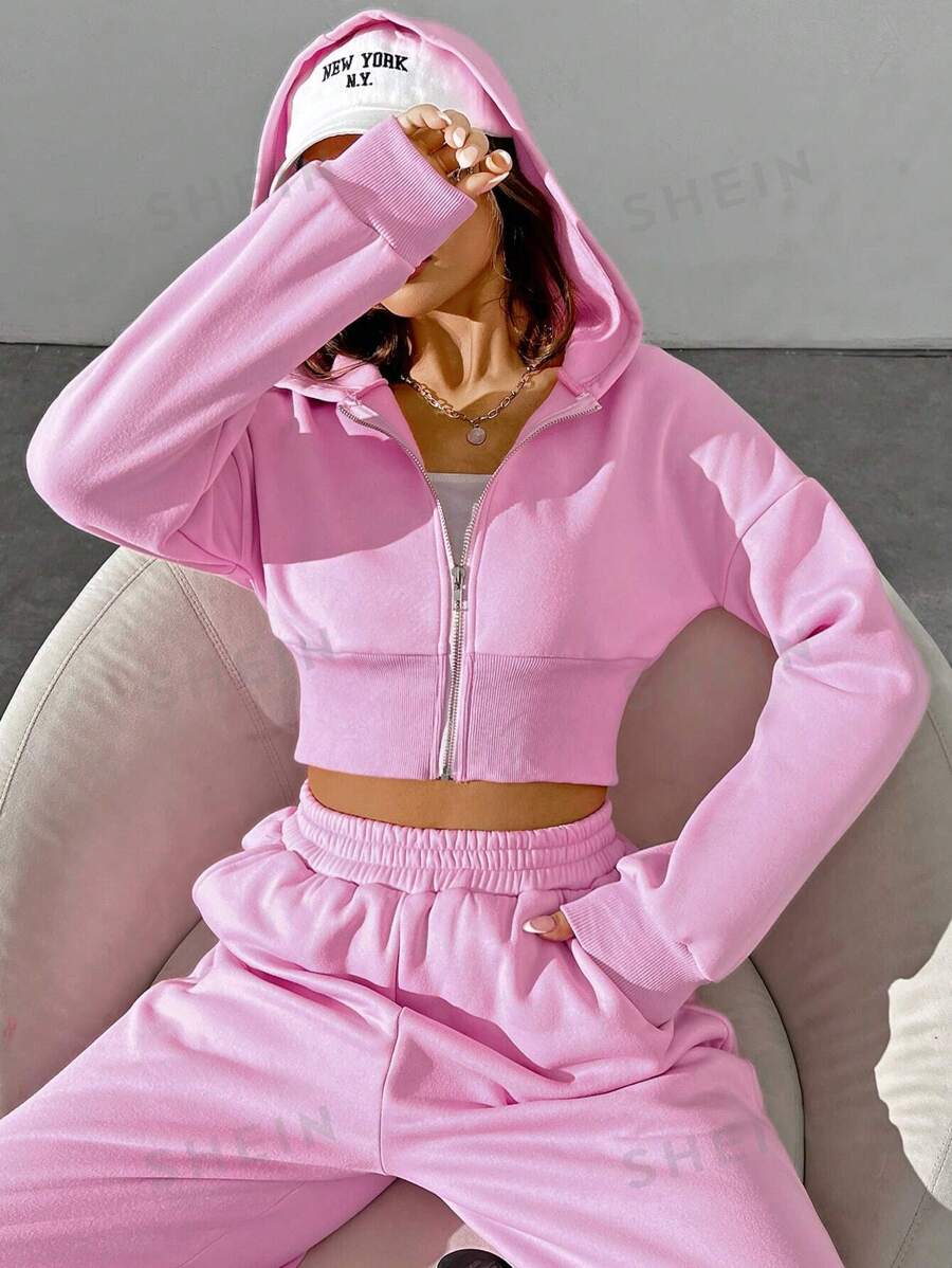 SHEIN EZwear Women's Spring Fashionable Pink Zip Front Hooded ...