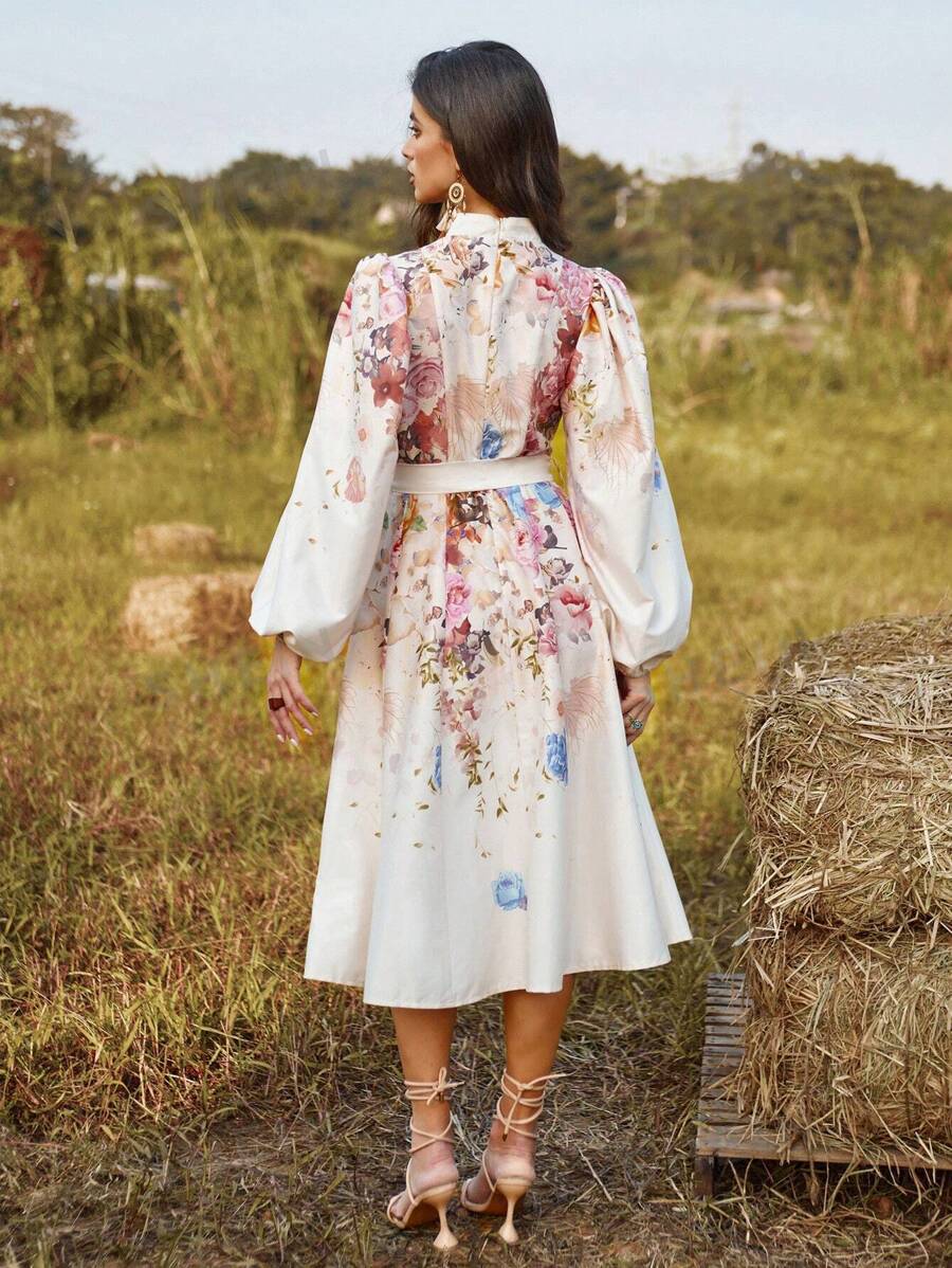 SHEIN VCAY Ladies' Flower Print Long Sleeve Belted Dress | SHEIN Singapore
