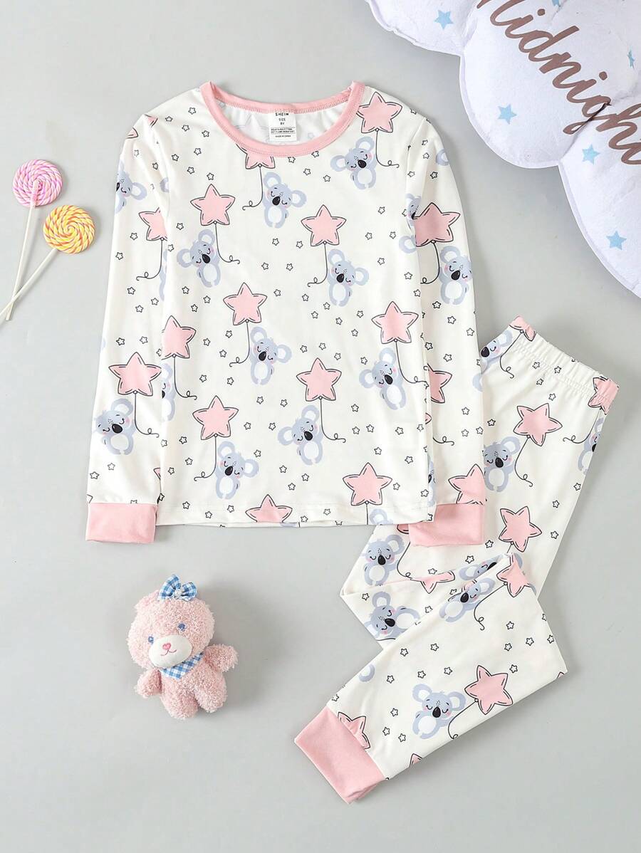 Tween Girls' Koala & Star Pattern Long Sleeve Snug Fit Home Wear Set ...
