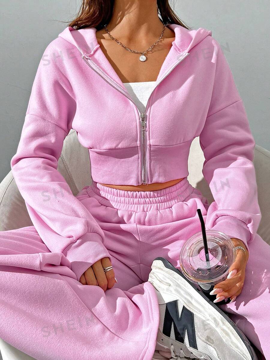 SHEIN EZwear Women's Spring Fashionable Pink Zip Front Hooded Sweatshirt And Pants Two Piece Set ...